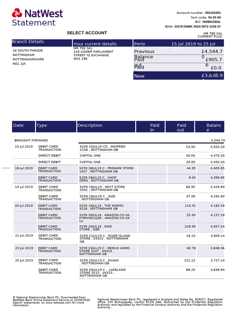 NatWest Bank Statement Summary | PDF | Debit Card | Service Industries