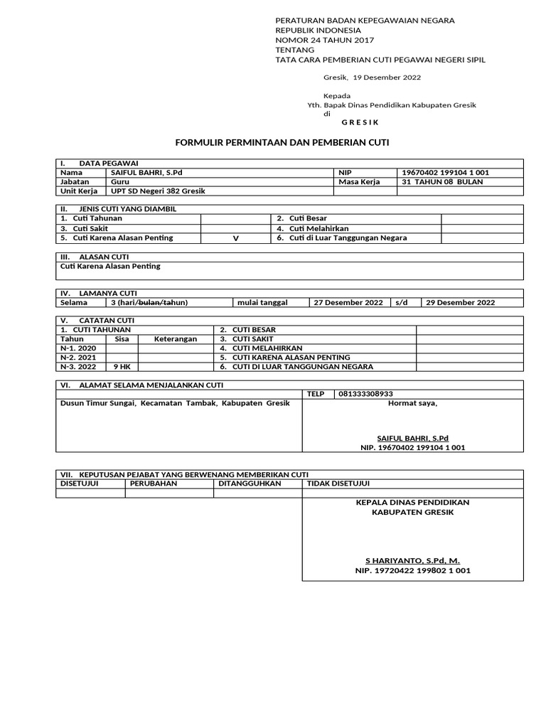 Formulir Cuti Saiful Bahri | PDF