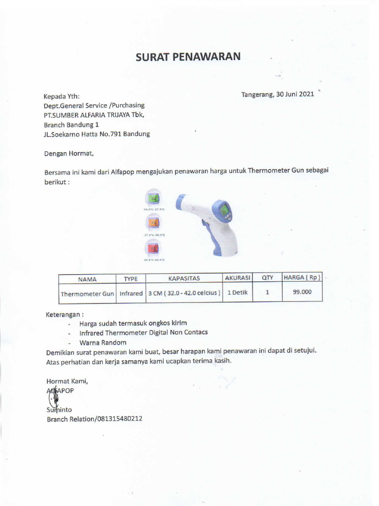 Surat Penawaran Thermometer Gun - BDG 1 | PDF