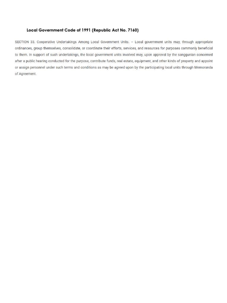 Local Government Code of 1991 (Republic Act No. 7160 | PDF