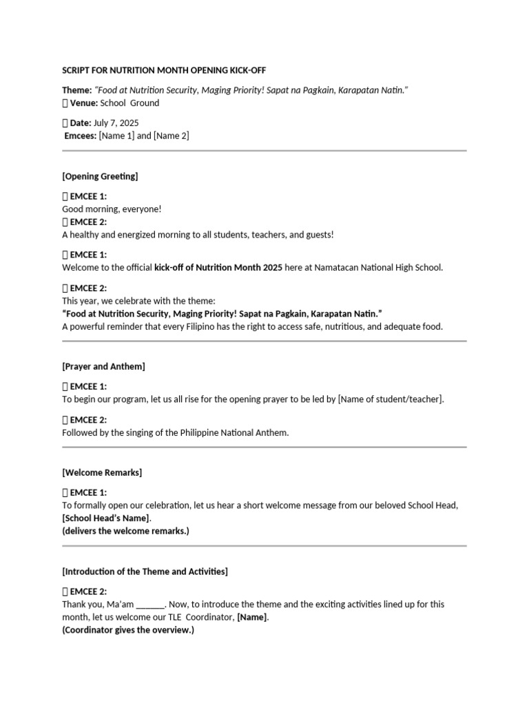 Script For Nutrition Month Opening Kick | PDF