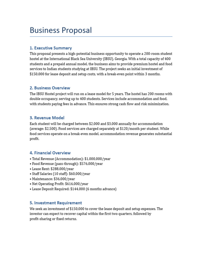 Student Hostel Business Proposal | PDF | Investing | Revenue