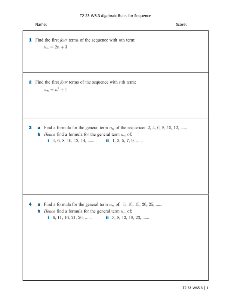 T2-S3-WS5.3 Algebraic Rules For Sequence | PDF