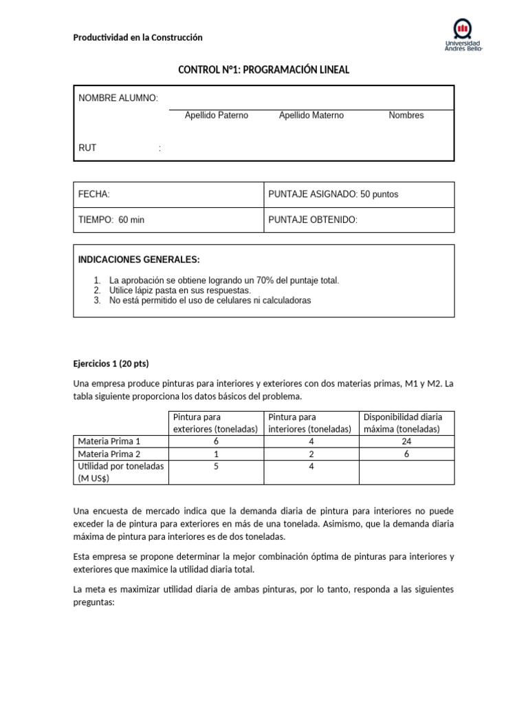 Control N°1 PL | PDF | Programación lineal