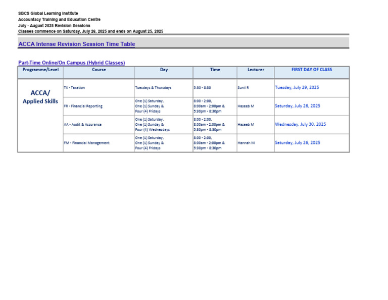ACCA Time Table July August 2025 Intense Revision Sessions | PDF