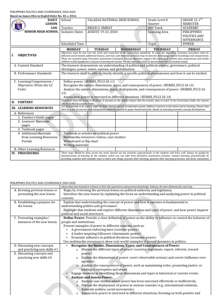 Philippines Politics Lesson Plan 2024 | PDF | Power (Social And ...