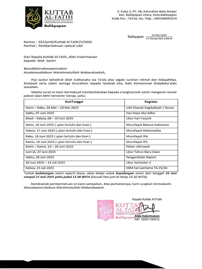 Surat Pemberitahuan Jadwal UAS Semester Genap | PDF