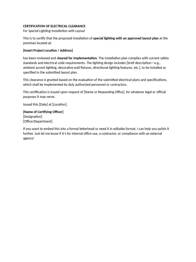 Certification of Electrical Clearance | PDF