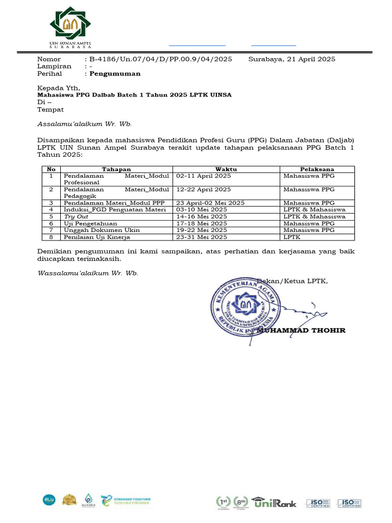 Pengumuman PPG Batch 1 Tahun 2025 | PDF