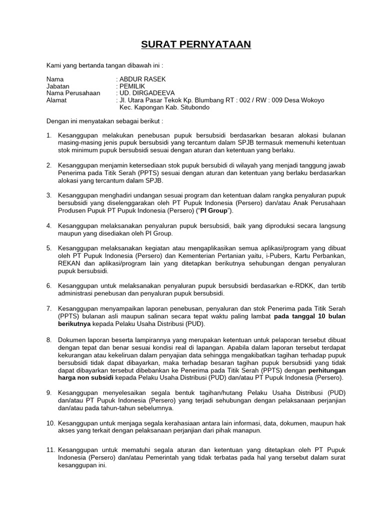 (Form-PPTS) Surat Pernyataan Kesanggupan Menjadi Penyalur Pupuk ...