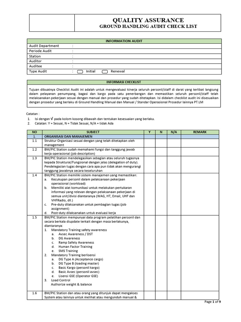 Checklist Audit For Ground Handling | PDF