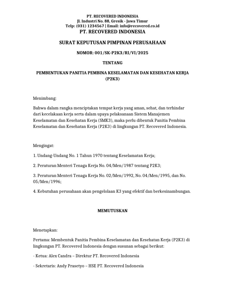 SK Pembentukan P2K3 PT Recovered Indonesia Kop | PDF