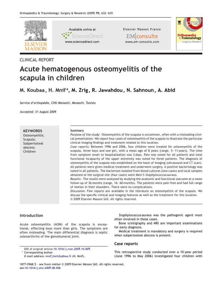Acute Hematogenous Osteomyelitis of The Scapula in Children | PDF ...