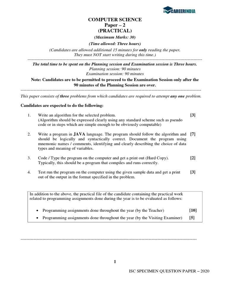 ISC Class 12 Computer Science Paper 2 (Practical) Question Paper - 2020 | PDF | Computer Program ...