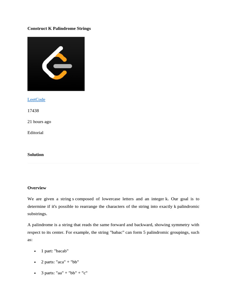 Construct K Palindrome Strings-Editorial | PDF | String (Computer Science) | Numbers