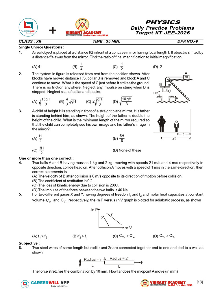 IIT JEE Physics Practice Problems 2026 | PDF | Collision | Physical ...