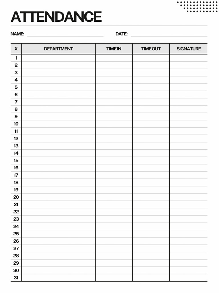 Black and White Minimal Lines Attendance Sheet Document PDF | PDF