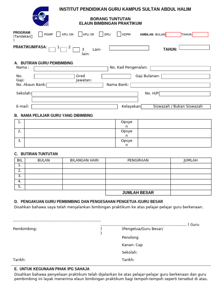 Borang Tuntutan Elaun Guru Pembimbing VER1 | PDF