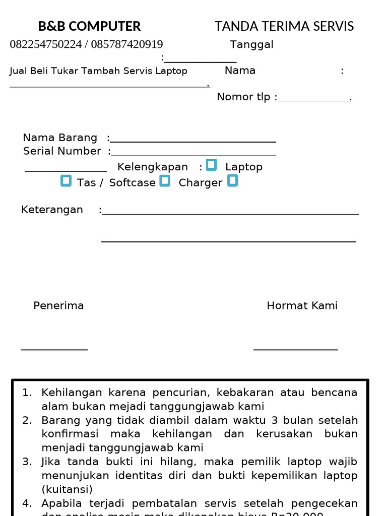 Tanda Terima Servis Laptop B&B | PDF