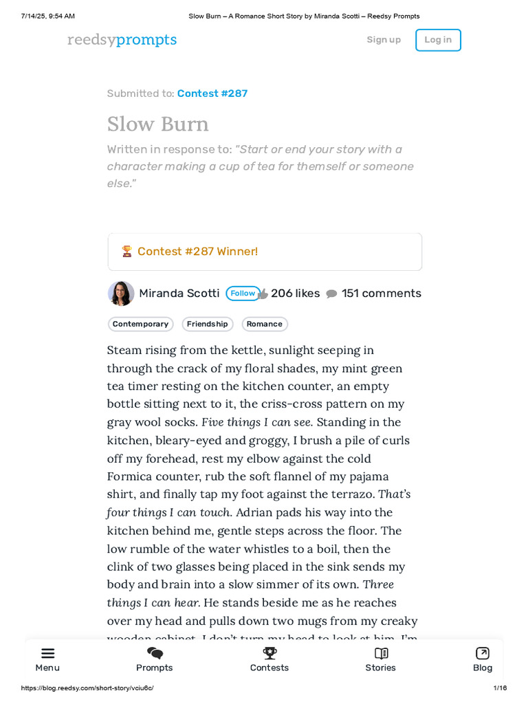 Slow Burn – a Romance Short Story by Miranda Scotti – Reedsy Prompts | PDF | Romance (Love)