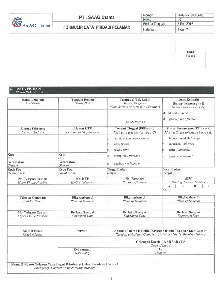 FR.03 Data Pribadi Pelamar | PDF