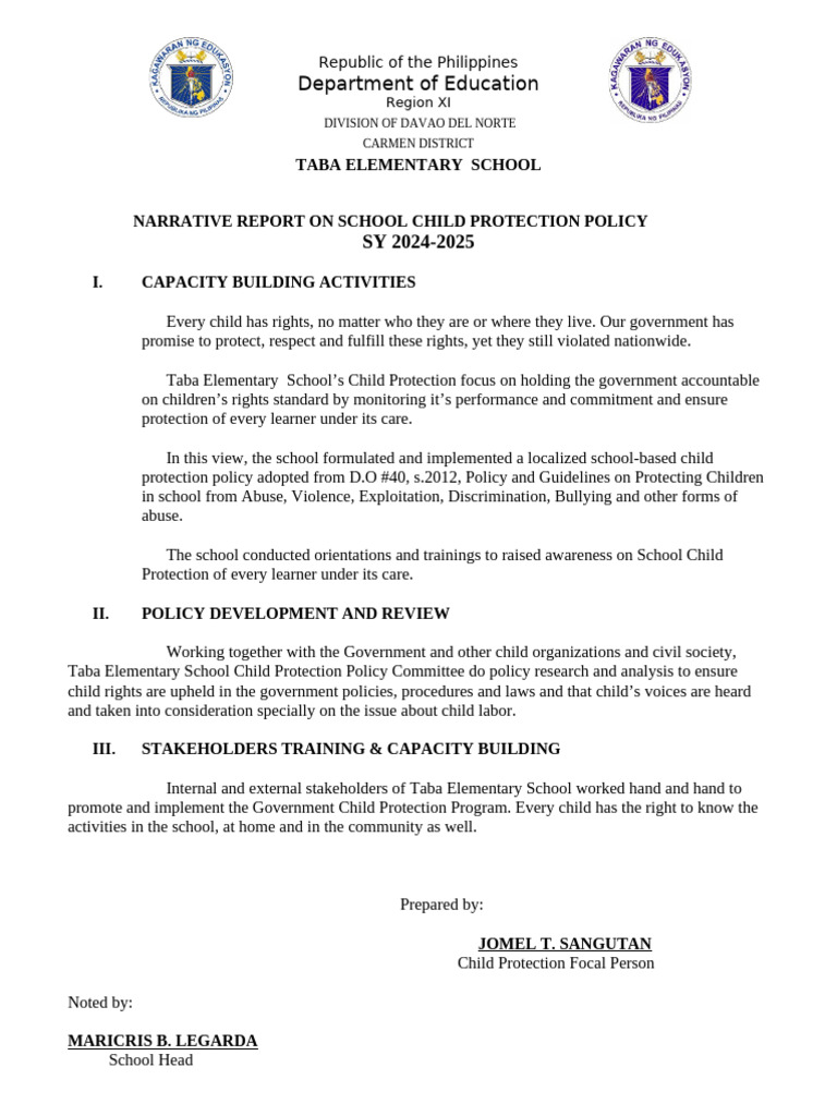 Taba Elementary School Child Protection Report | PDF | Child Protection ...