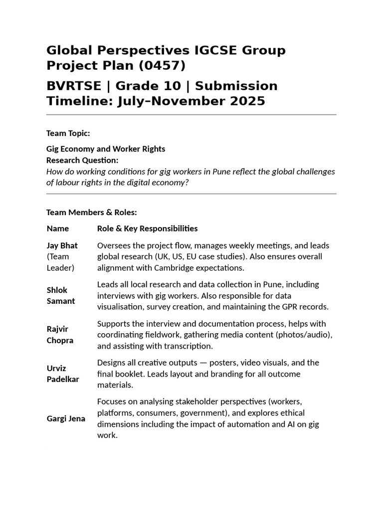 Global Perspectives IGCSE Group Project Plan | PDF
