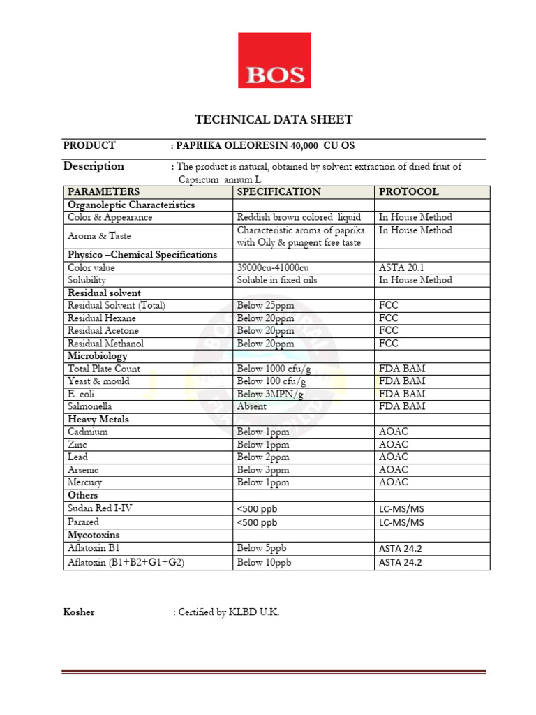 Paprika Oleoresin Technical Data Sheet | PDF | Chemistry | Chemical ...