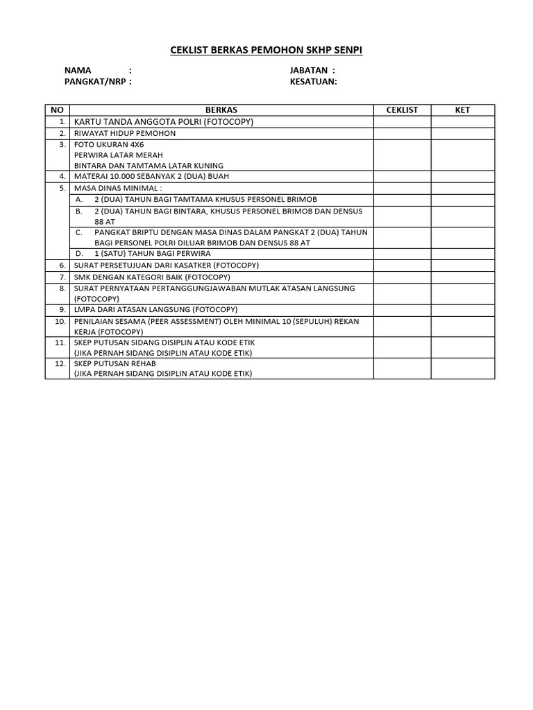 Ceklis Pengajuan SKHP Senpi | PDF