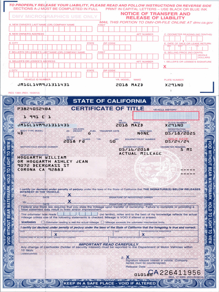 California Vehicle Title Transfer Form | PDF | Vehicles | Driving