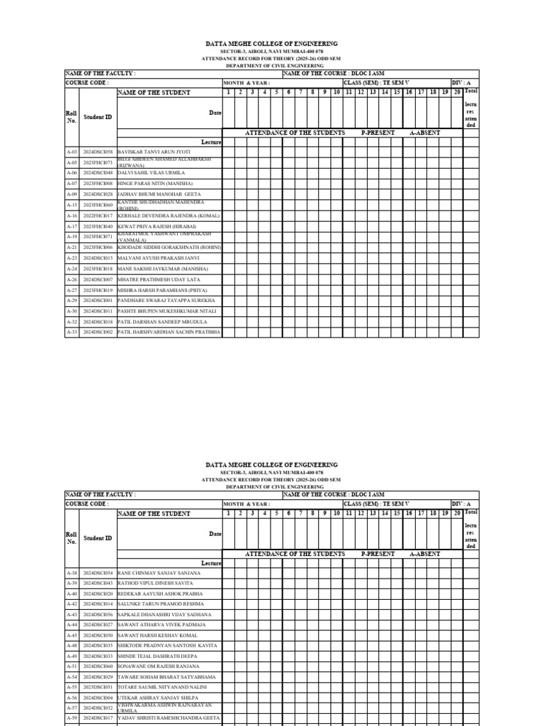 Te A Sloc I Asm Theory Attendance 2025-26 V Sem | PDF
