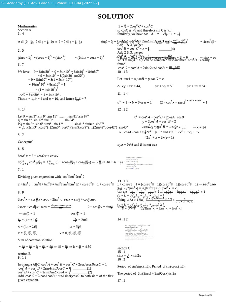 SC Academy - JEE Adv - Grade 11 - Phase 1 - FT-04 (2022 P2) - SOlution | PDF | Mathematics ...
