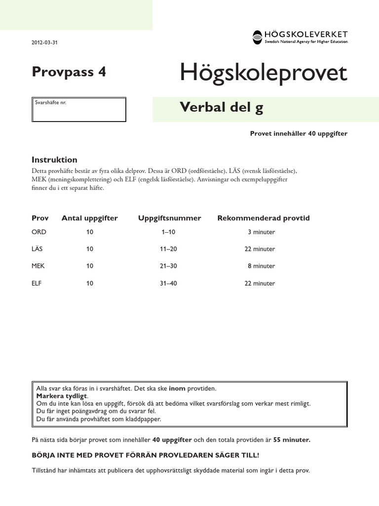 2012vt Provpass 4 Verbal | PDF