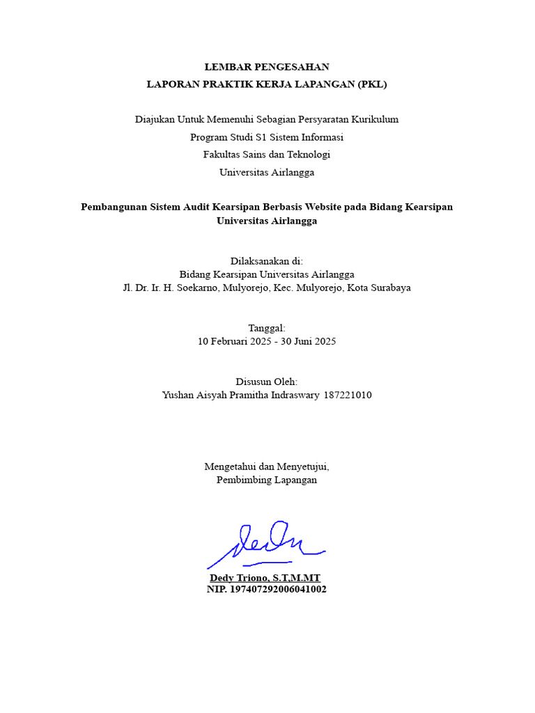 Lembar Pengesahan Laporan PKL | PDF