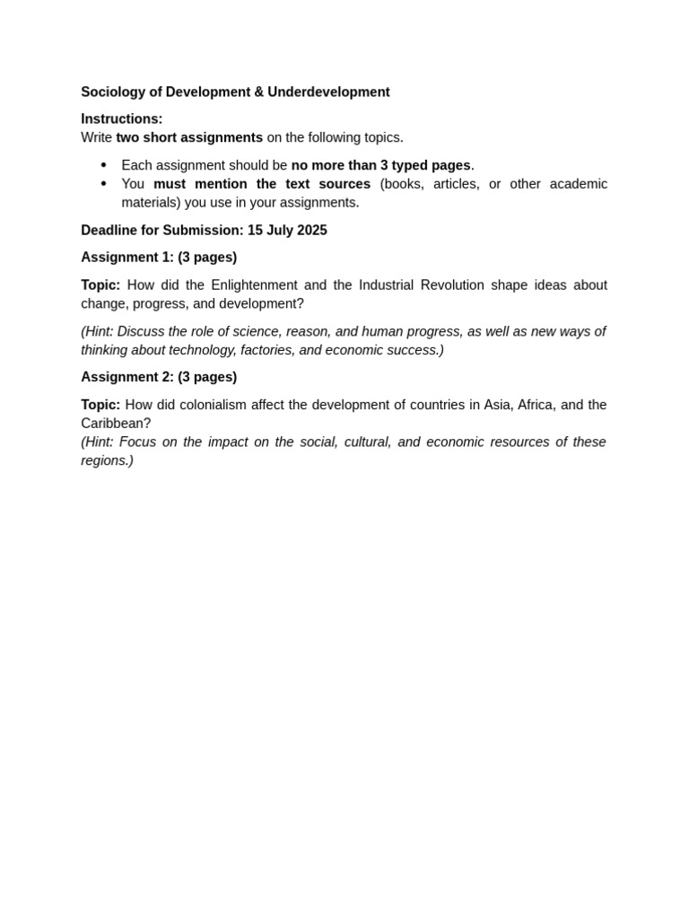 Assignment-Sociology of Development and Underdevelopment | PDF