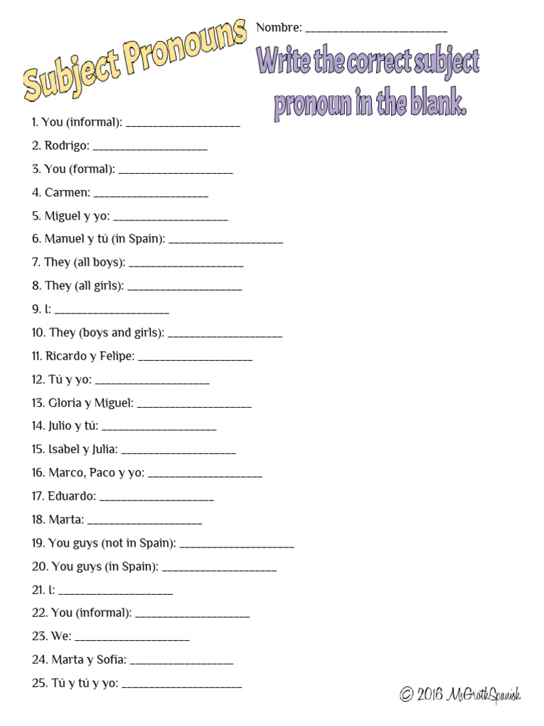 Spanish Subject Pronouns Practice | PDF