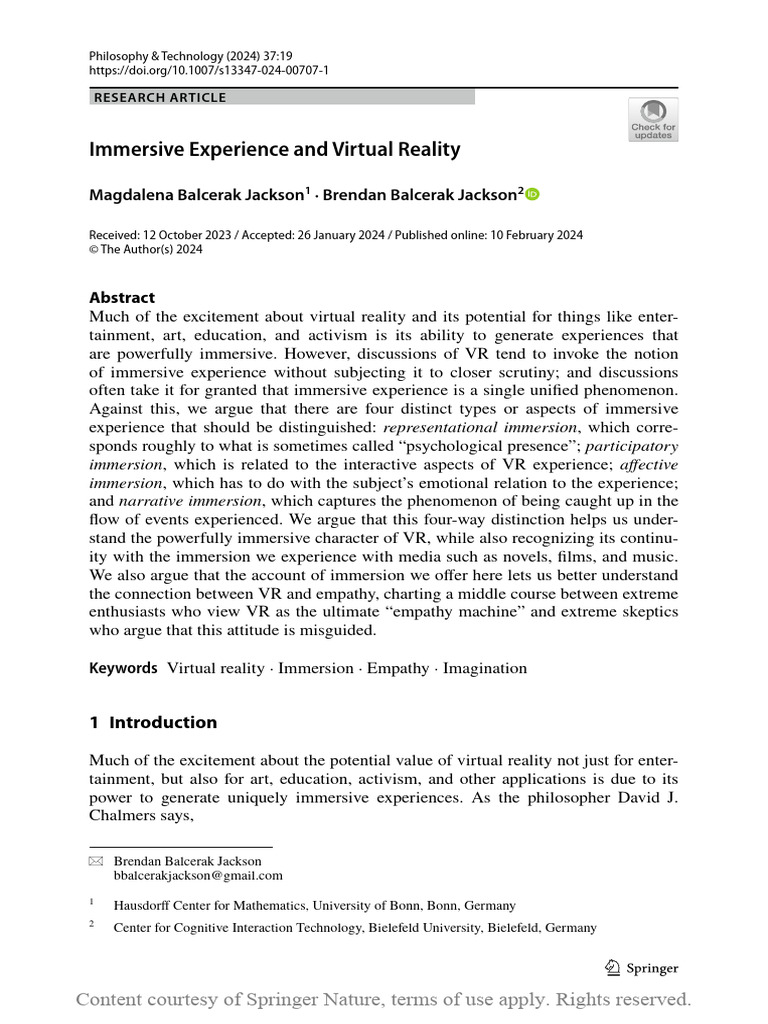 Types of Immersion in Virtual Reality | PDF | Experience | Virtual Reality