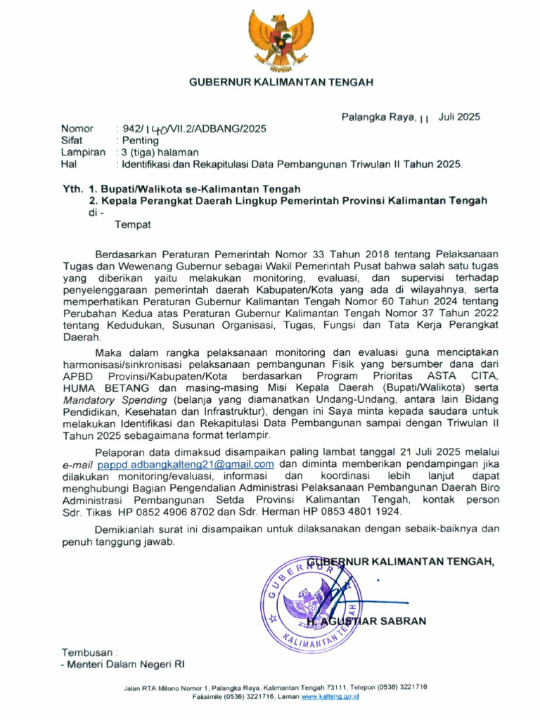 Surat Gub Kalteng Identifikasi Dan Rekap Pembangunan TW II 2025 | PDF