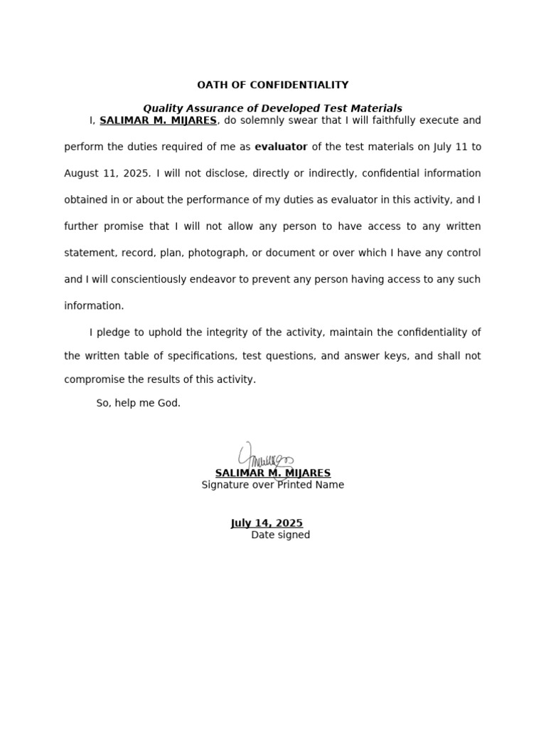 LRE - Evaluator - Oath of Confidentiality | PDF