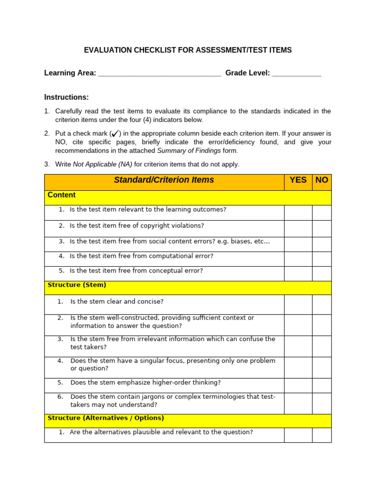 Test Item Evaluation Checklist | PDF | Grammar | Human Communication