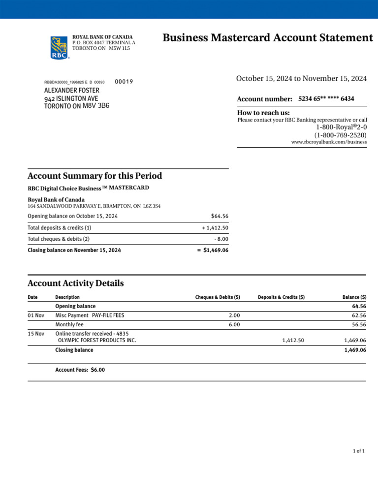 RBC Business Account Statement Summary | PDF | Banks | Debit Card