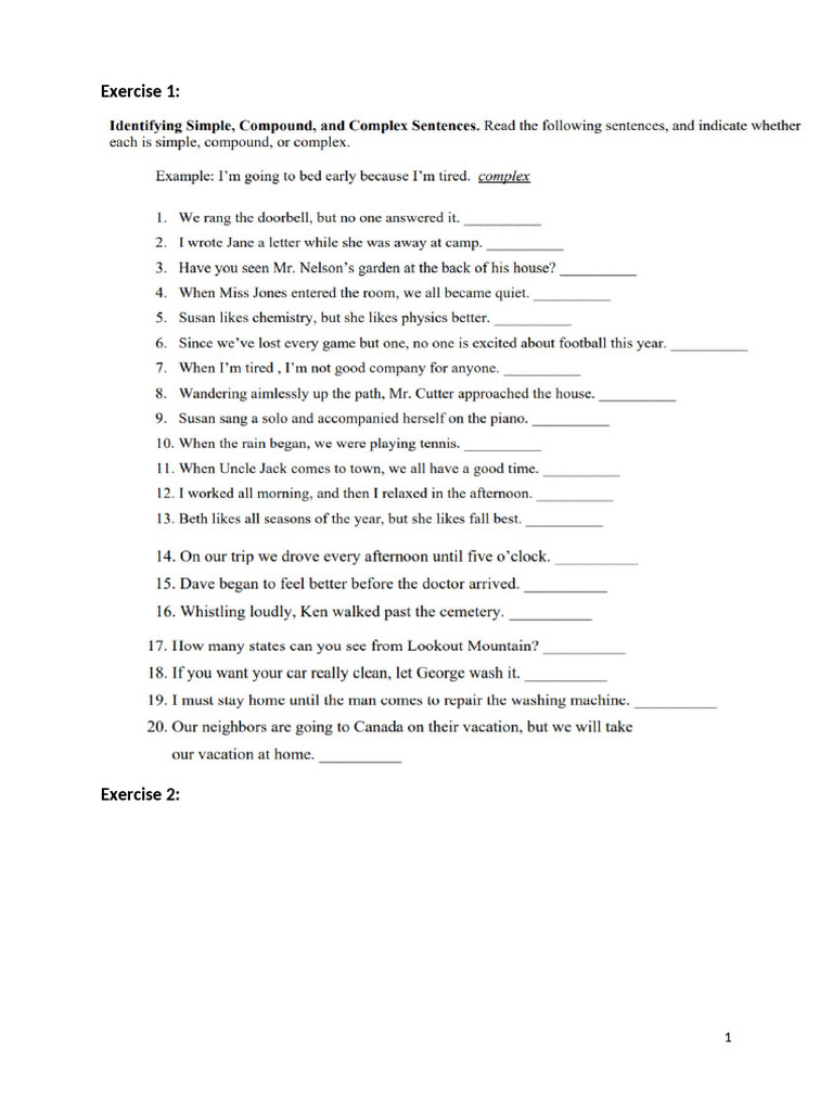 Exercise 1 - Identify Simple - Compound - Complex Sentences | PDF