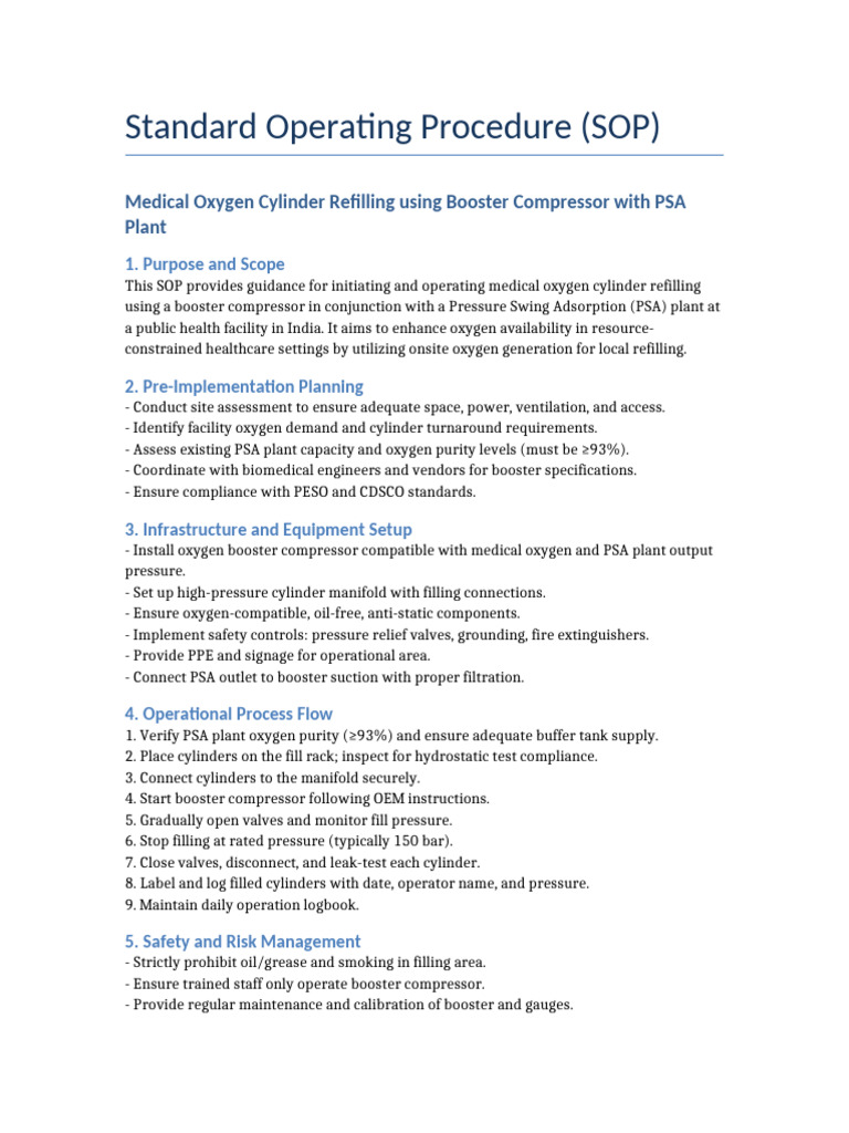 Oxygen Cylinder Booster SOP PSA | PDF | Equipment | Gases