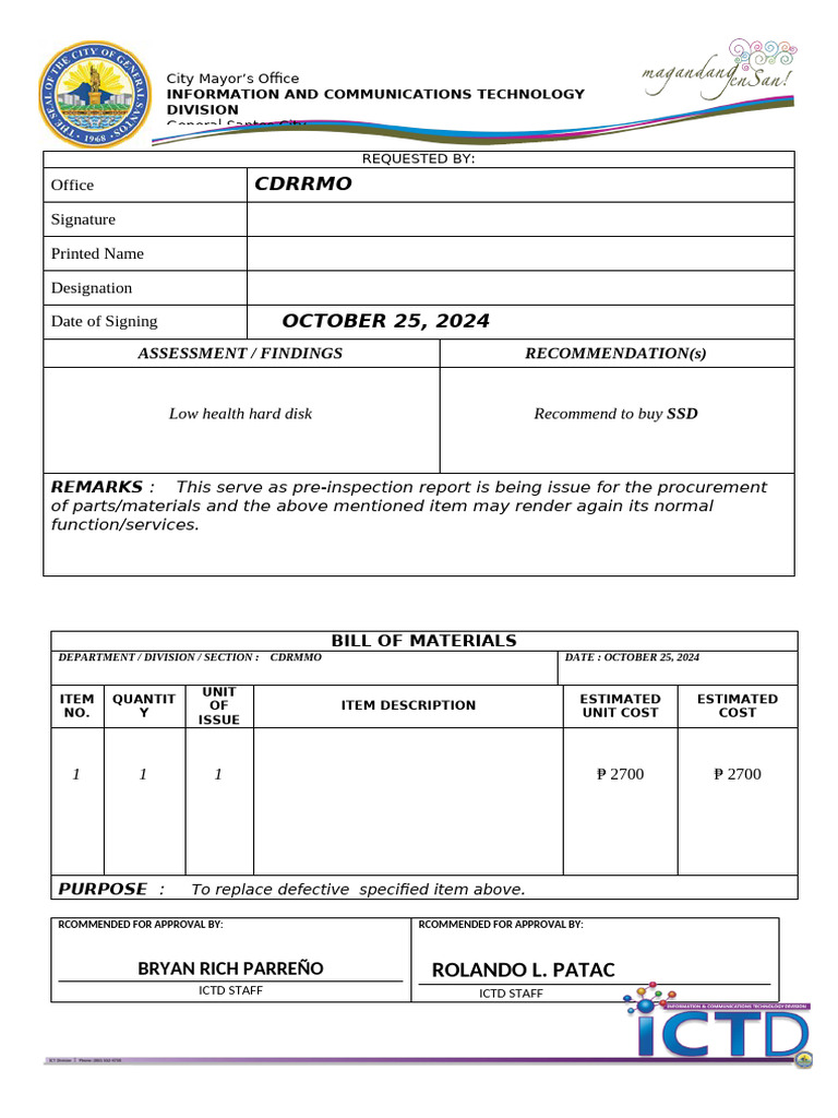 SSD Procurement Request for CDRRMO | PDF