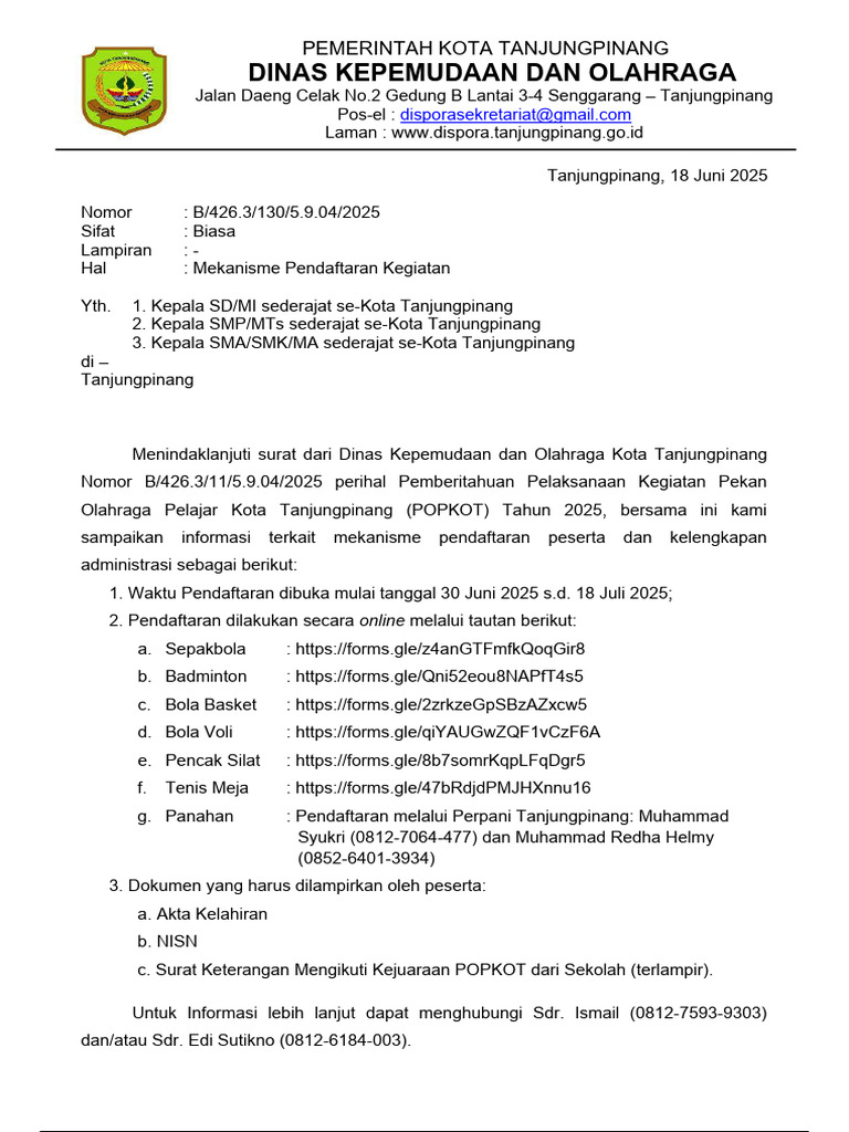 Surat Mekanisme Pendaftaran Popkot | PDF
