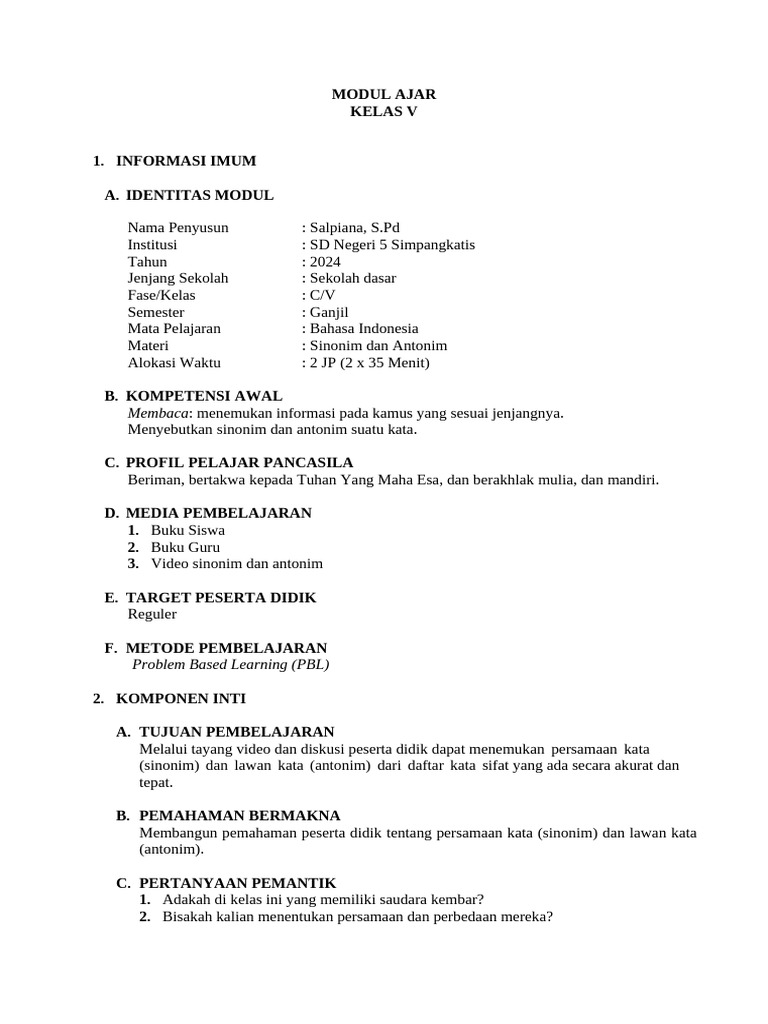 MODUL AJAR TTD Bindo Kls 5 Sms 1 Sinonim | PDF