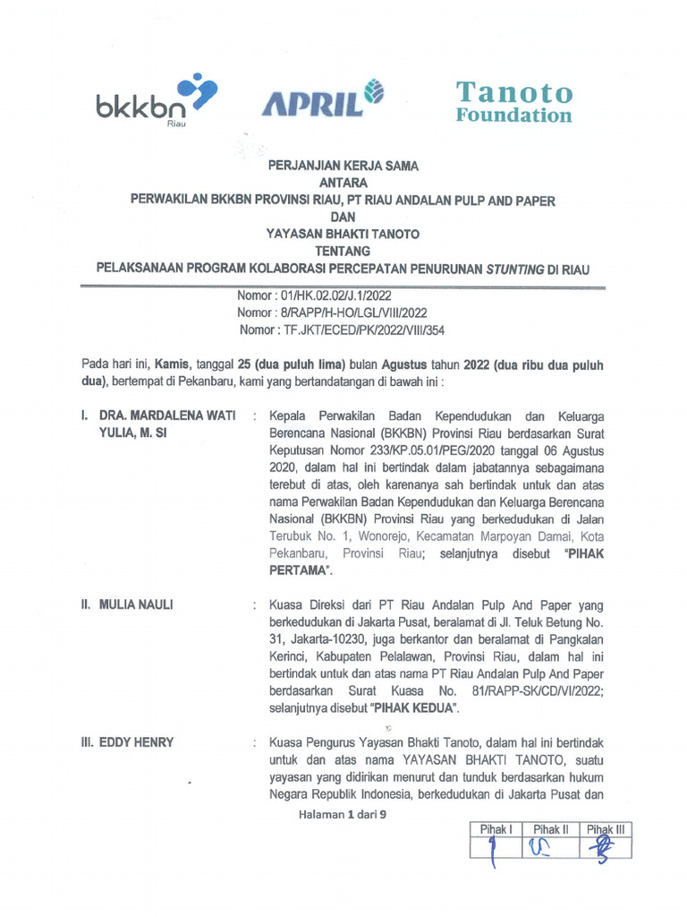 PKS BKKBN DENGAN RAPP-Tanoto Fondation - Riau - Stunting | PDF