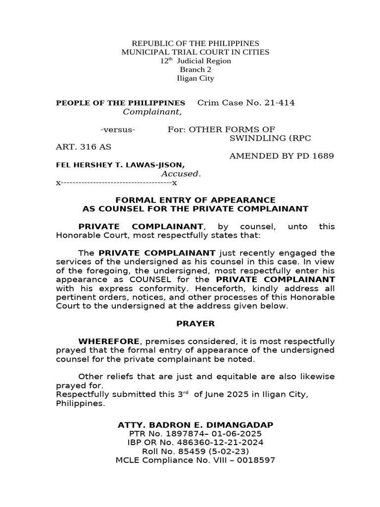 Formal Entry of Appearance in Court | PDF