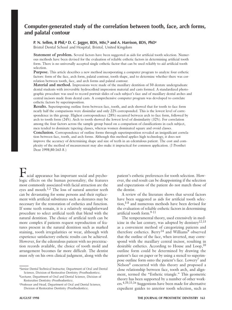 Computer-Generated Study of The Correlation Between Tooth, Face, Arch Forms, and Palatal Contour ...