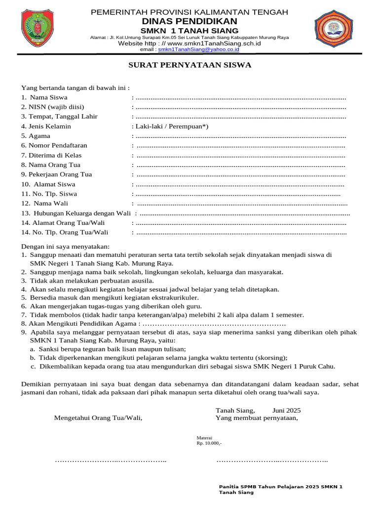 Surat Pernyataan Siswa - Ortu | PDF